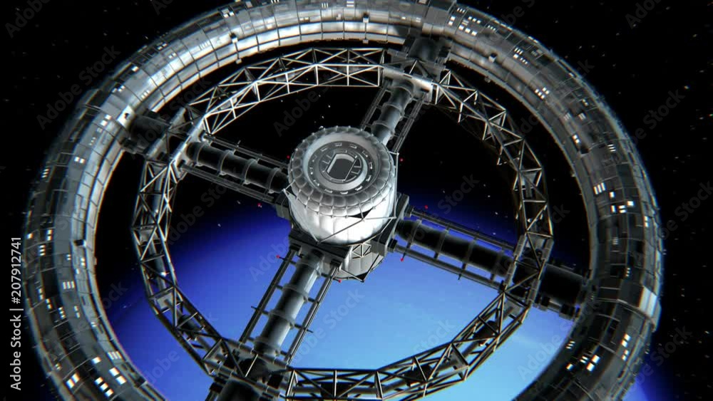 Giant sci-fi torus. Circular space station rotate on Neptune background ...