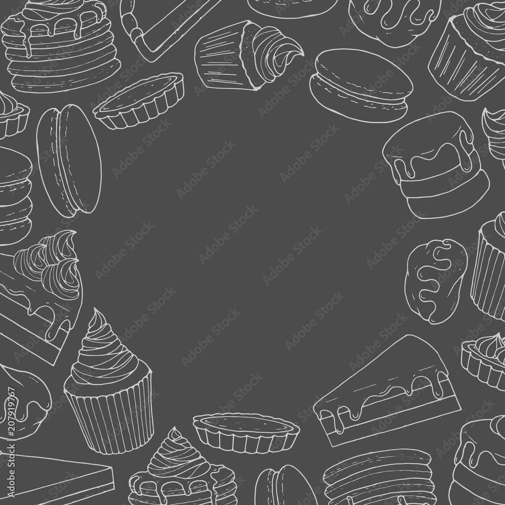 Vector pastry frame of cakes, pies, muffins, pancakes, macarons and ...