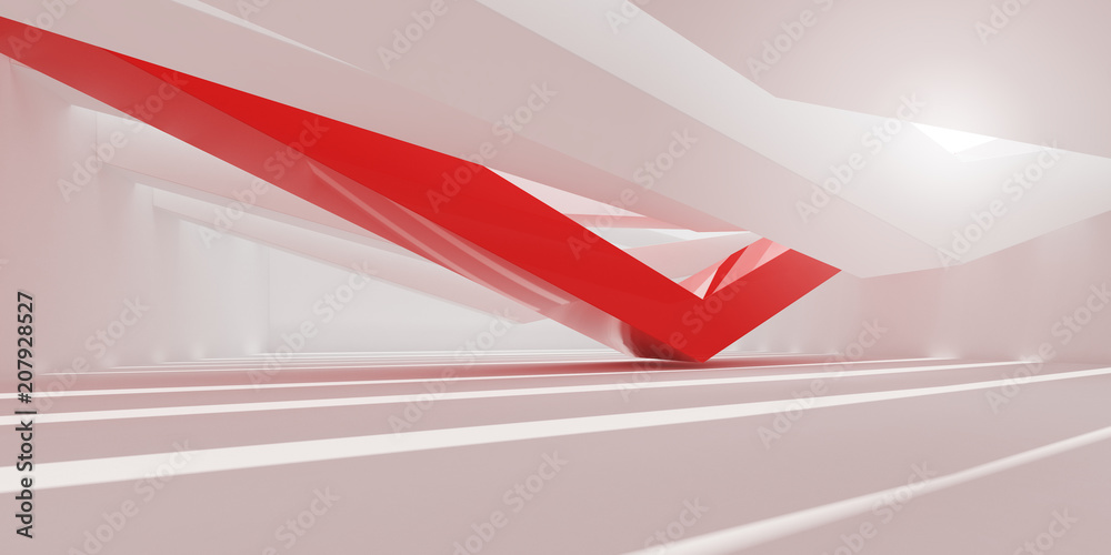 3D stimulate of white interior space and red line with sun light cast ...