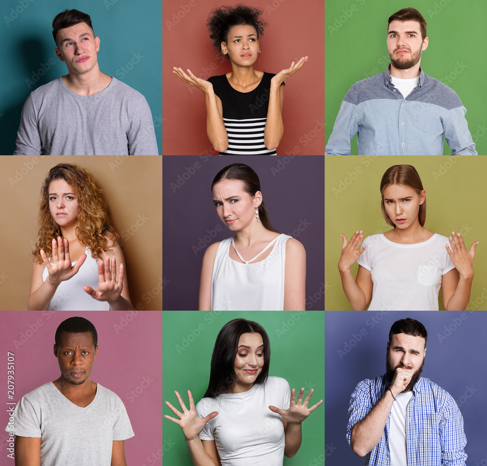 Set of confused diverse people at studio backgrounds Stock Photo ...