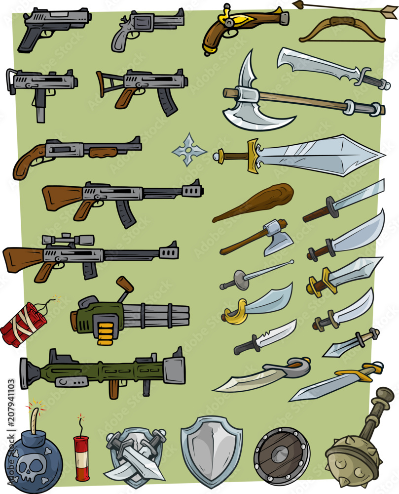 Cartoon big weapons and explosive game icons set Stock Vector | Adobe Stock