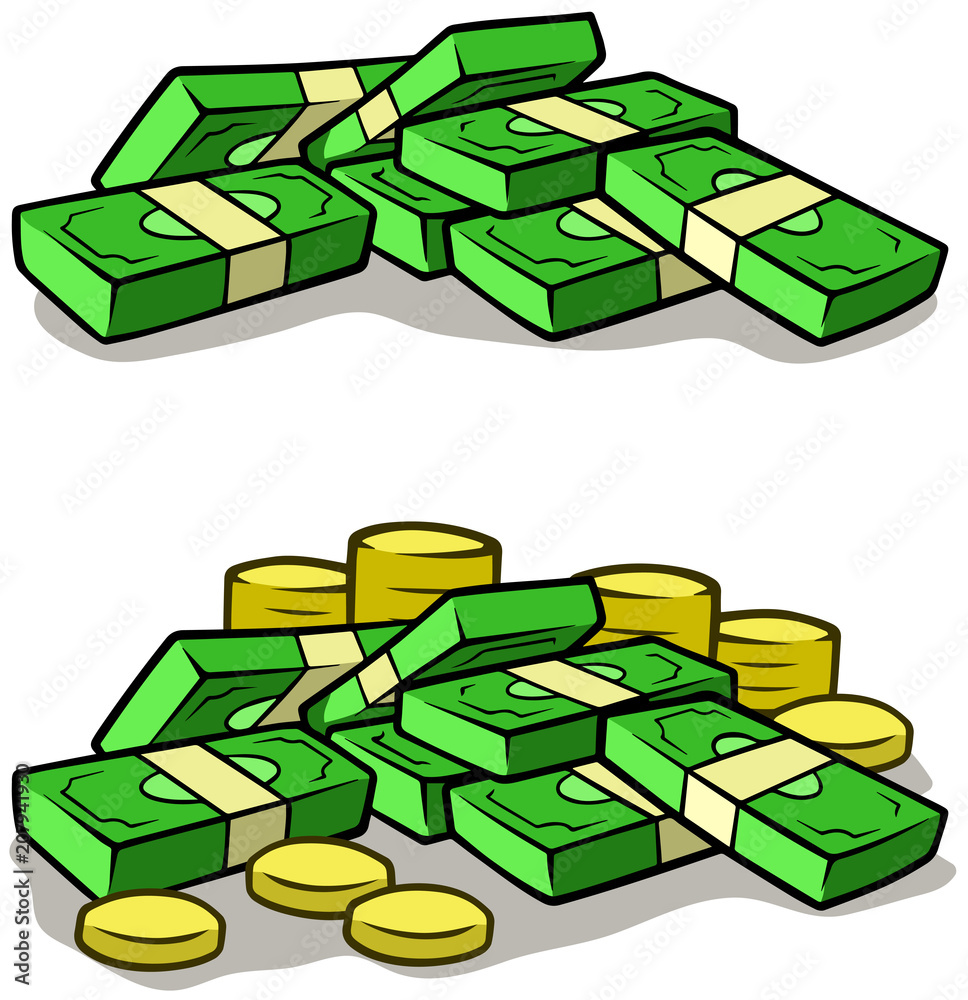 Cartoon money stack piles of cash and coins Stock Vector | Adobe Stock