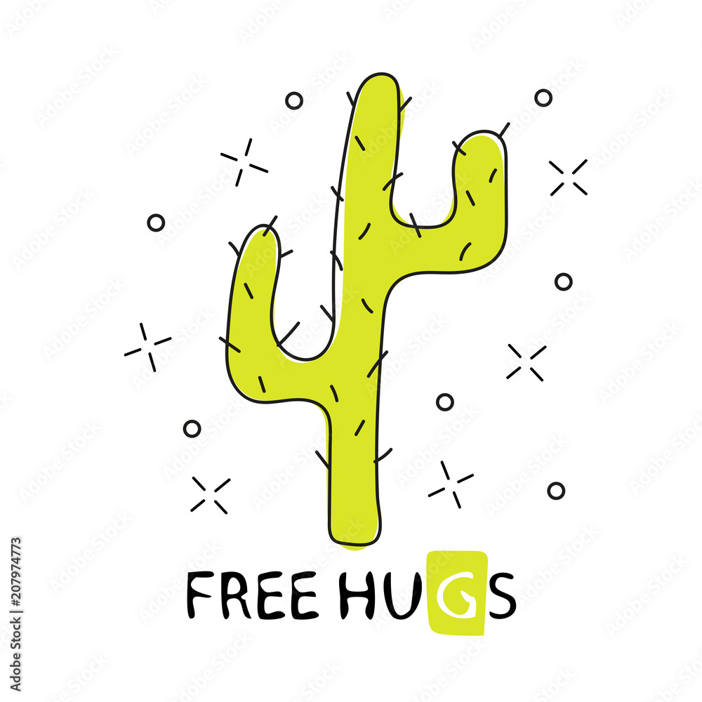 Cactus free hugs. Hand drawn cartoon cactus. vector illustration ...