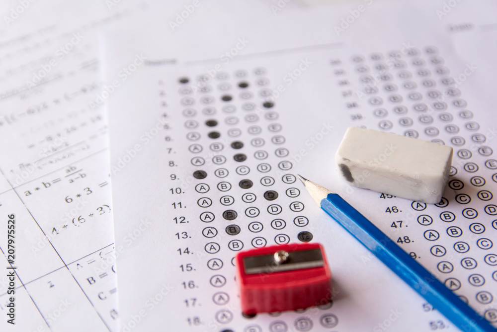 Pencil, Sharpener and eraser on answer sheets or Standardized test form ...