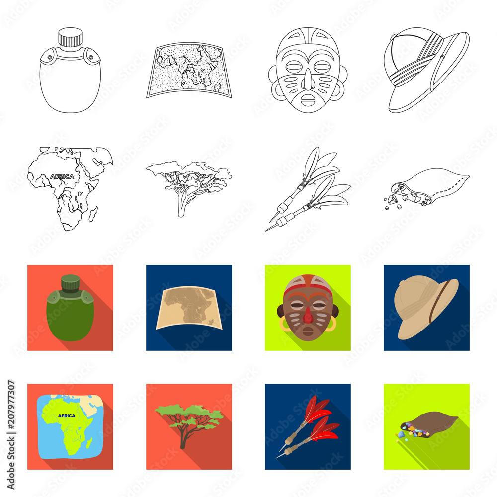 Cork hat, darts, savannah tree, territory map. African safari set ...