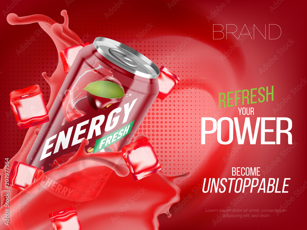 Cherry cold energy drink in metal can with ice and juice splash ...