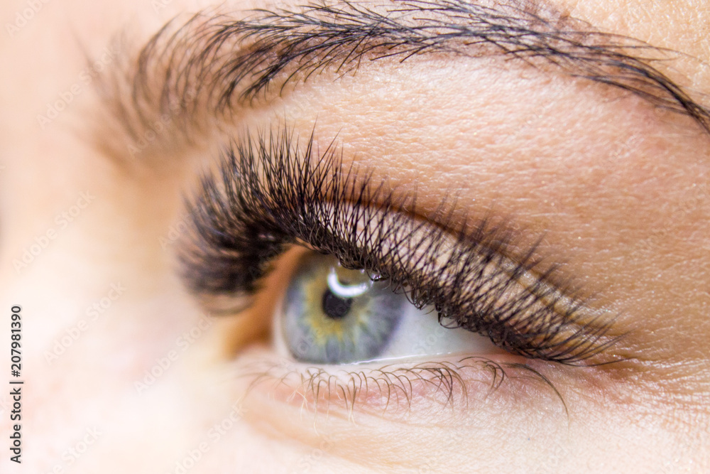Beautiful Woman with long lashes in a beauty salon. Eyelash extension ...