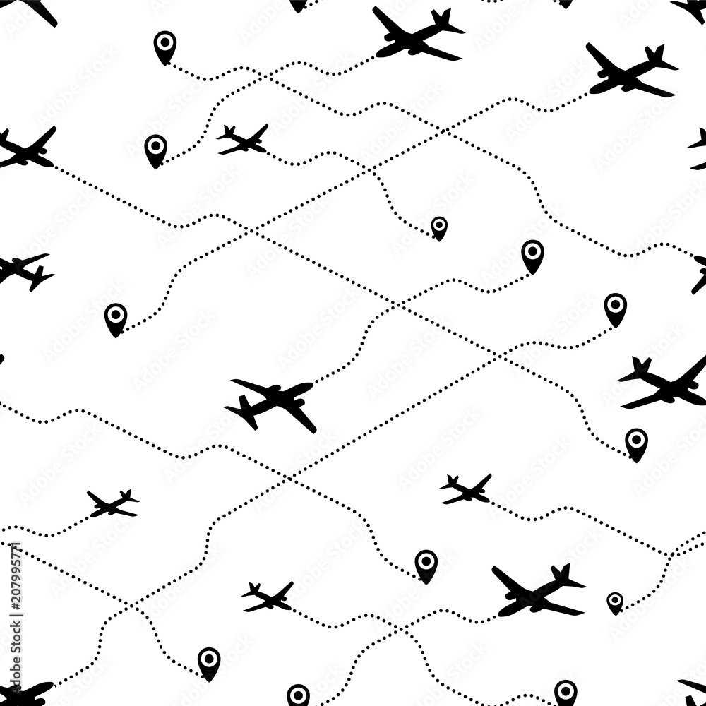 Seamless pattern travel concept. Airplane routes abstract for your ...