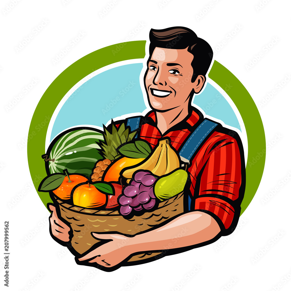 Happy farmer holding wicker basket full of fresh fruits. Agriculture ...