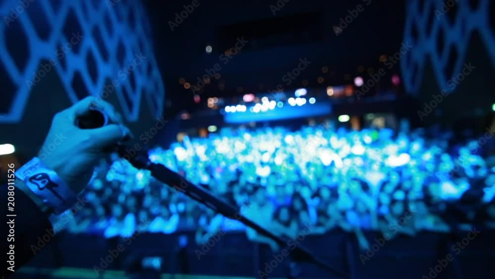 Singer's hands grabbing microphone stand on stage with a crowd and fans ...