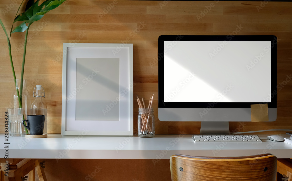 Loft workspace with mockup desktop computer and poster. Stock Photo ...