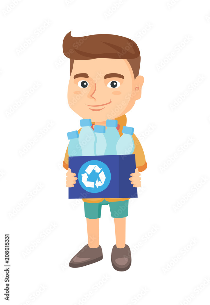 Caucasian boy holding recycling bin full of plastic bottles. Boy ...