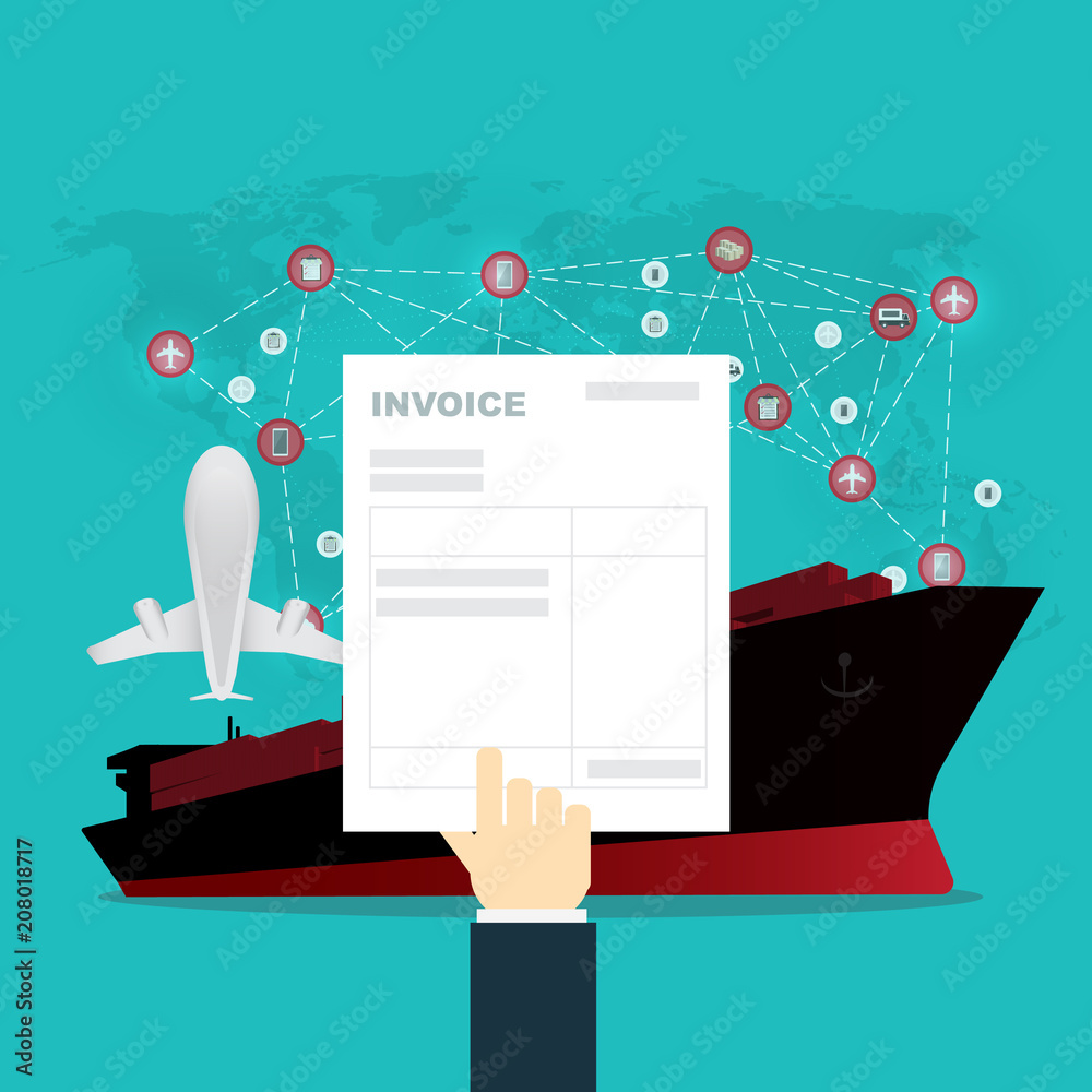 Invoice paper with ship world map background, import export concept ...