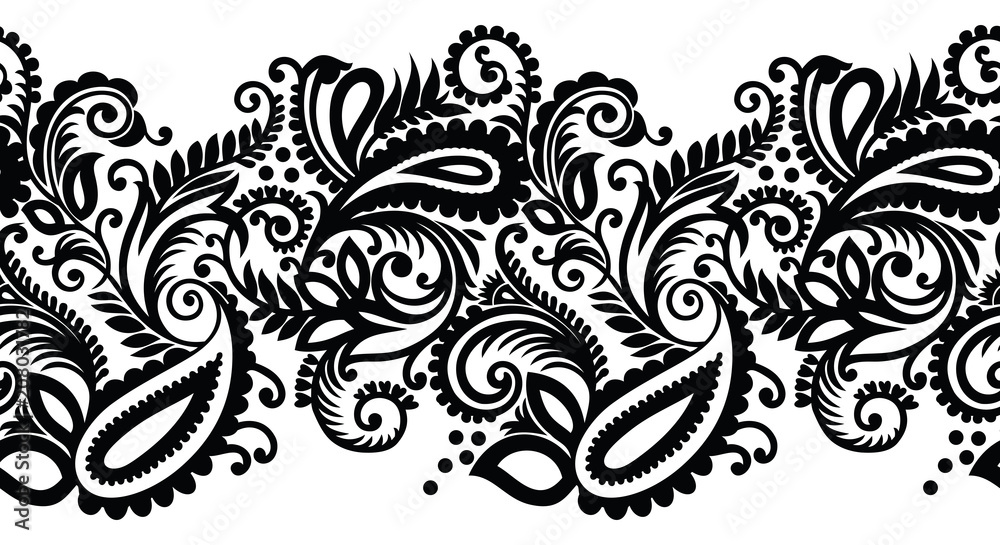 Seamless black and white paisley border Stock Vector | Adobe Stock