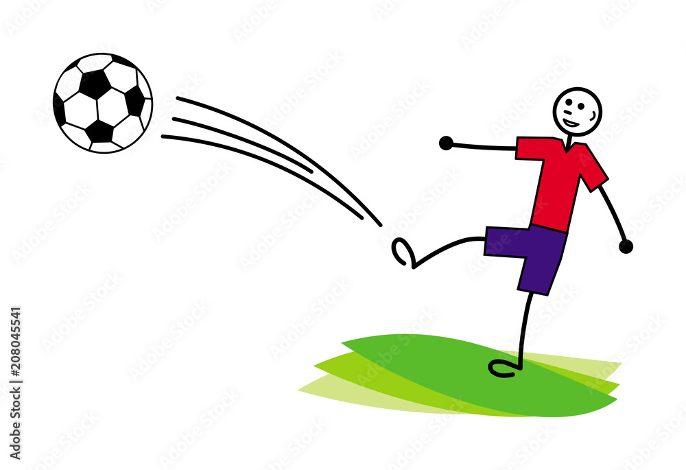 A cartoon man, a football (soccer) player is hitting the ball. Funny ...