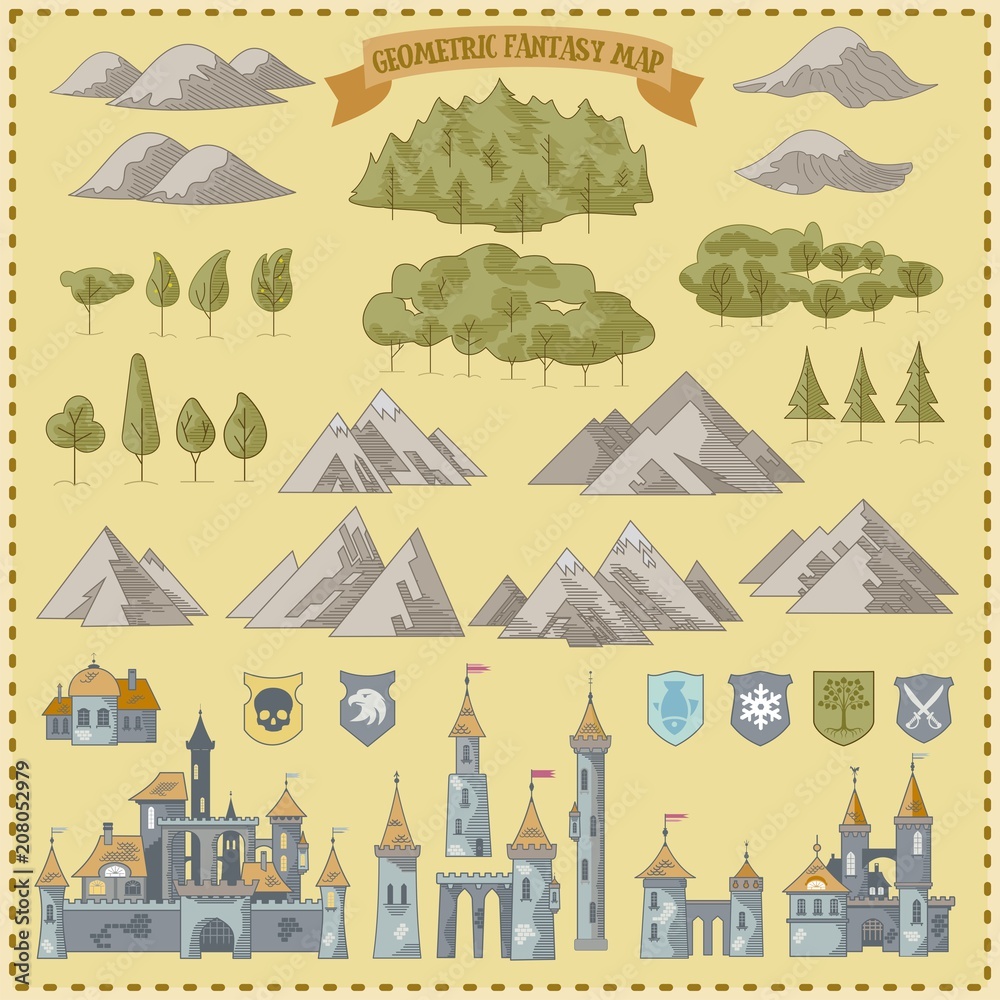 Fantasy Adventure simple map elements of geometric line art style in ...