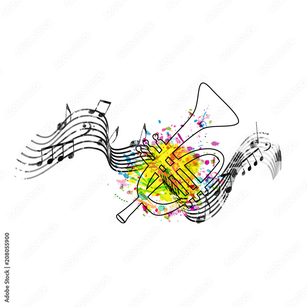 Music colorful background with music notes and trumpet vector ...