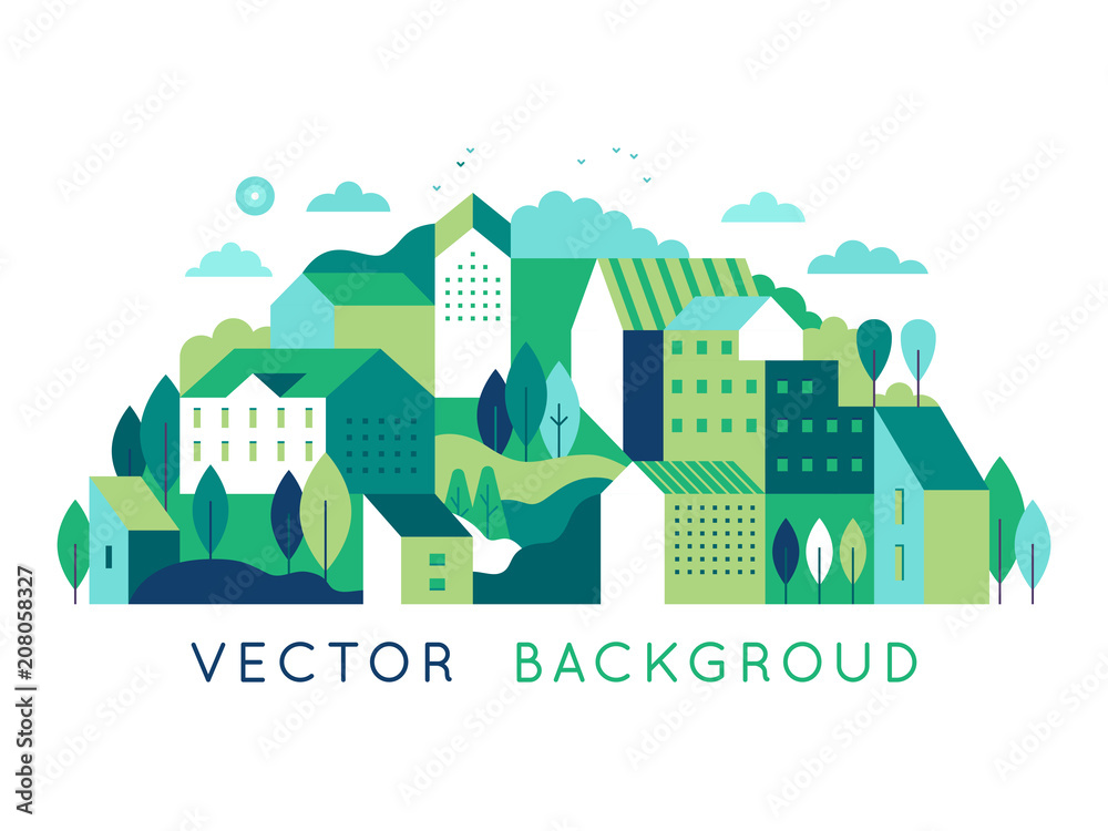 City landscape with buildings, hills and trees Stock Vector | Adobe Stock