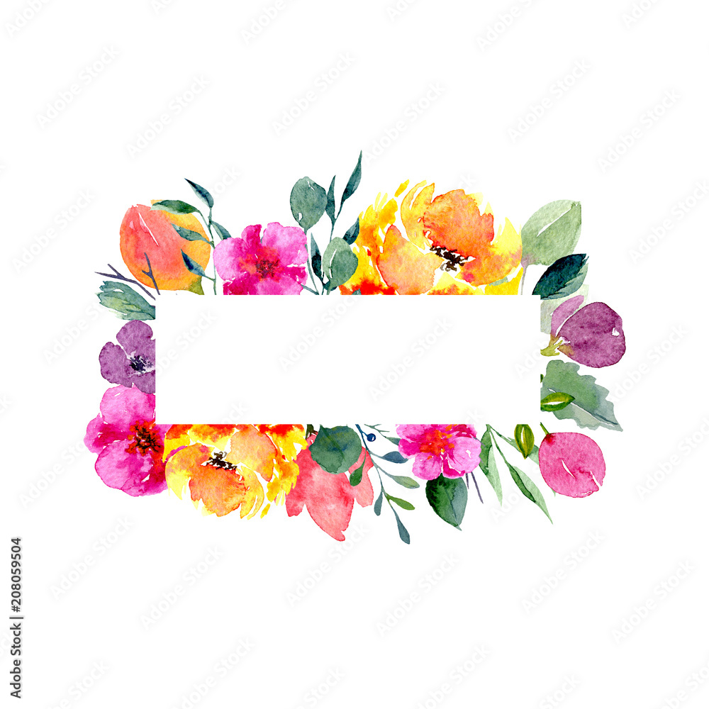 Watercolor floral frame. Background with fresh spring foliage, bright ...