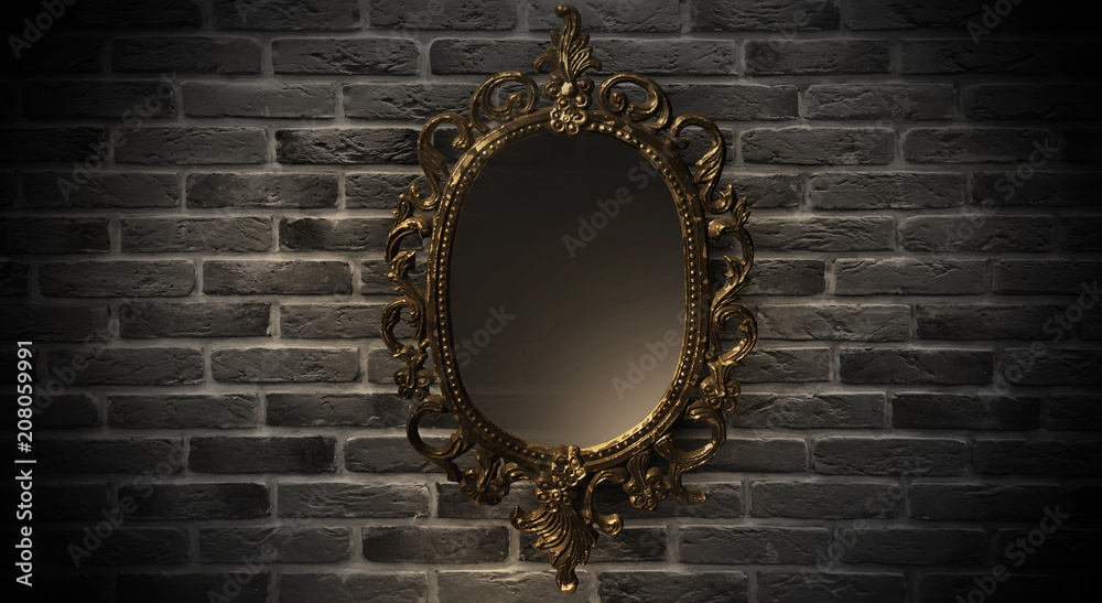 Mirror magical, fortune telling and fulfillment of desires. Brick wall ...