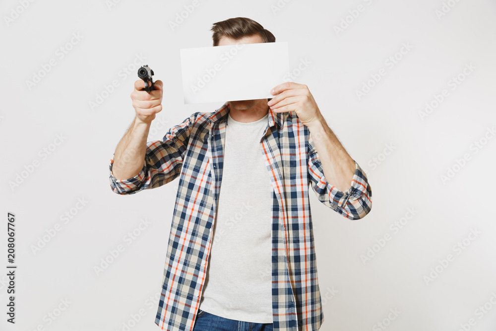 Man holding gun, blank empty sheet card, copy space isolated on white ...