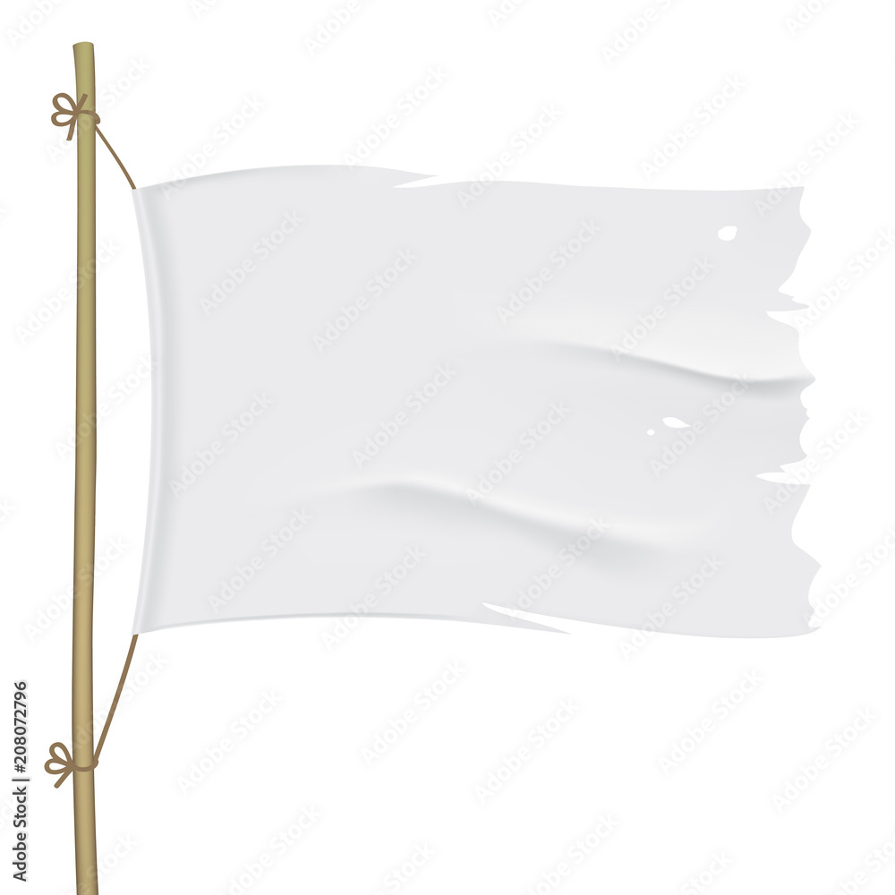 White torn flag hanging on a wooden pole. Waving fabric flag, isolated ...