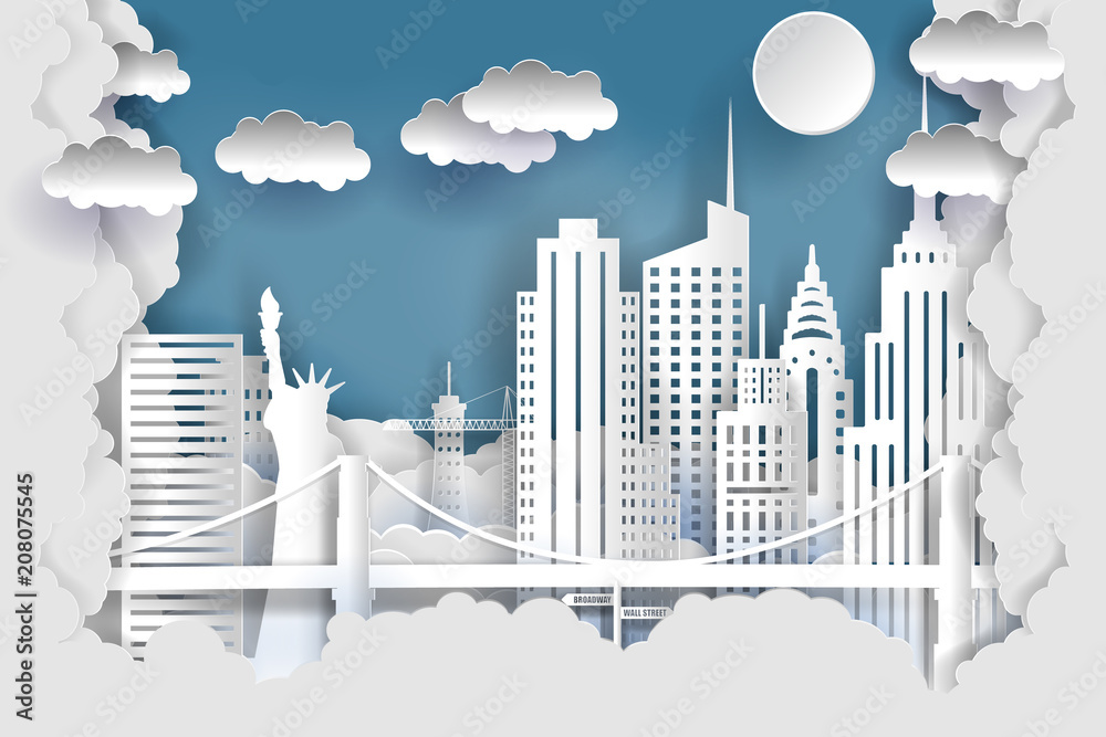 New York city concept, paper art city on back with buildings, statue of ...