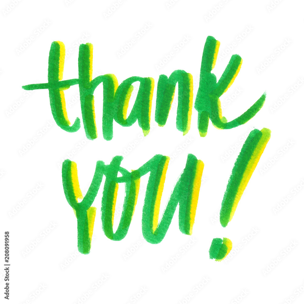 Words "thank you" hand written in green and yellow highlighter felt tip ...