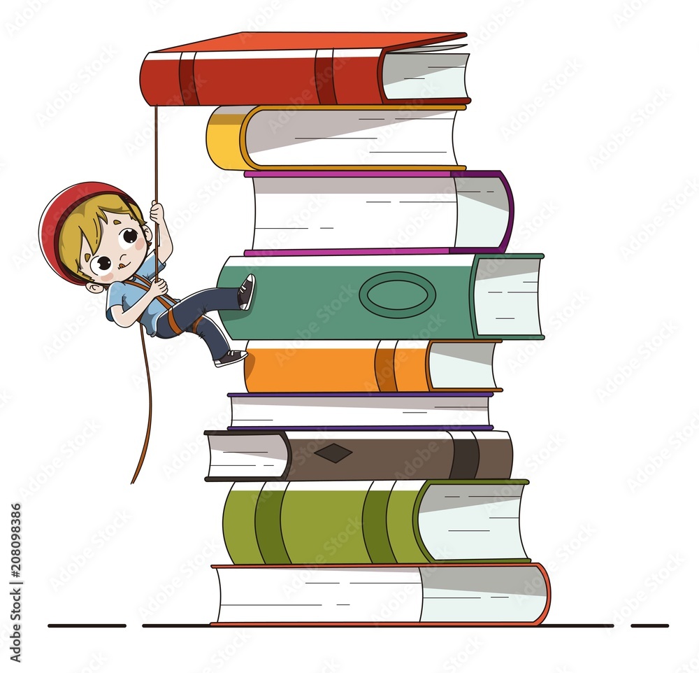 Niño con libros escalando. Concepto de aprender vector de Stock | Adobe Stock