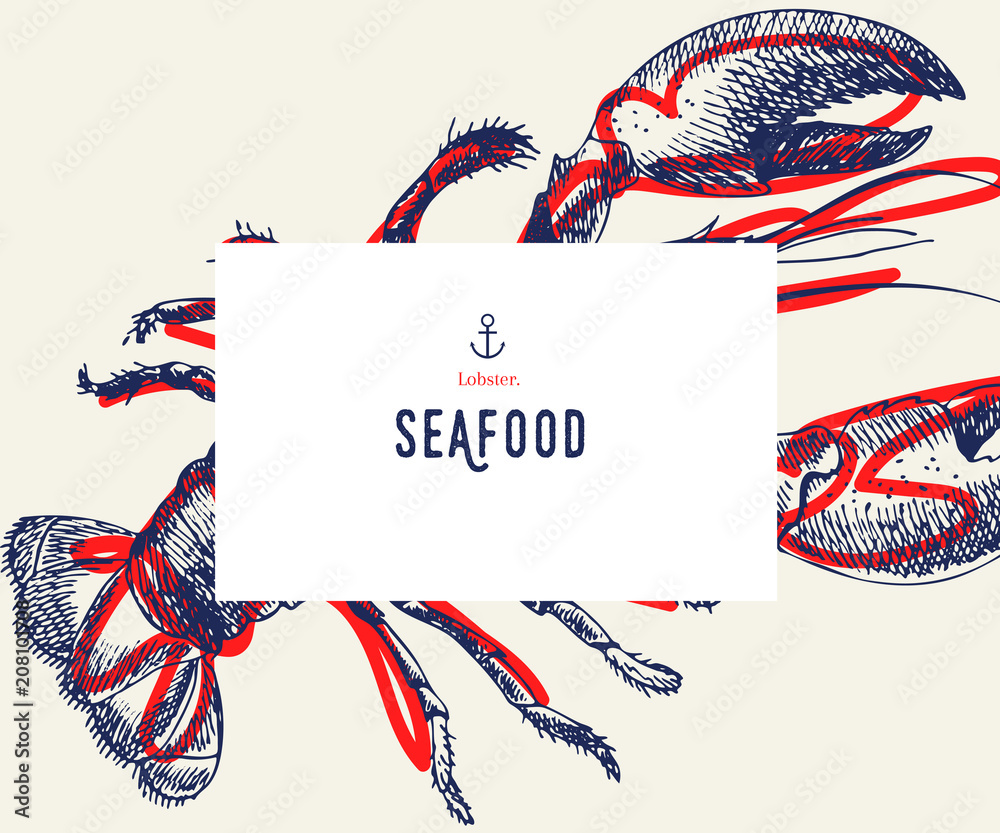 Seafood banner set. Hand drawn lobster. Vector restaurant menu. Marine ...