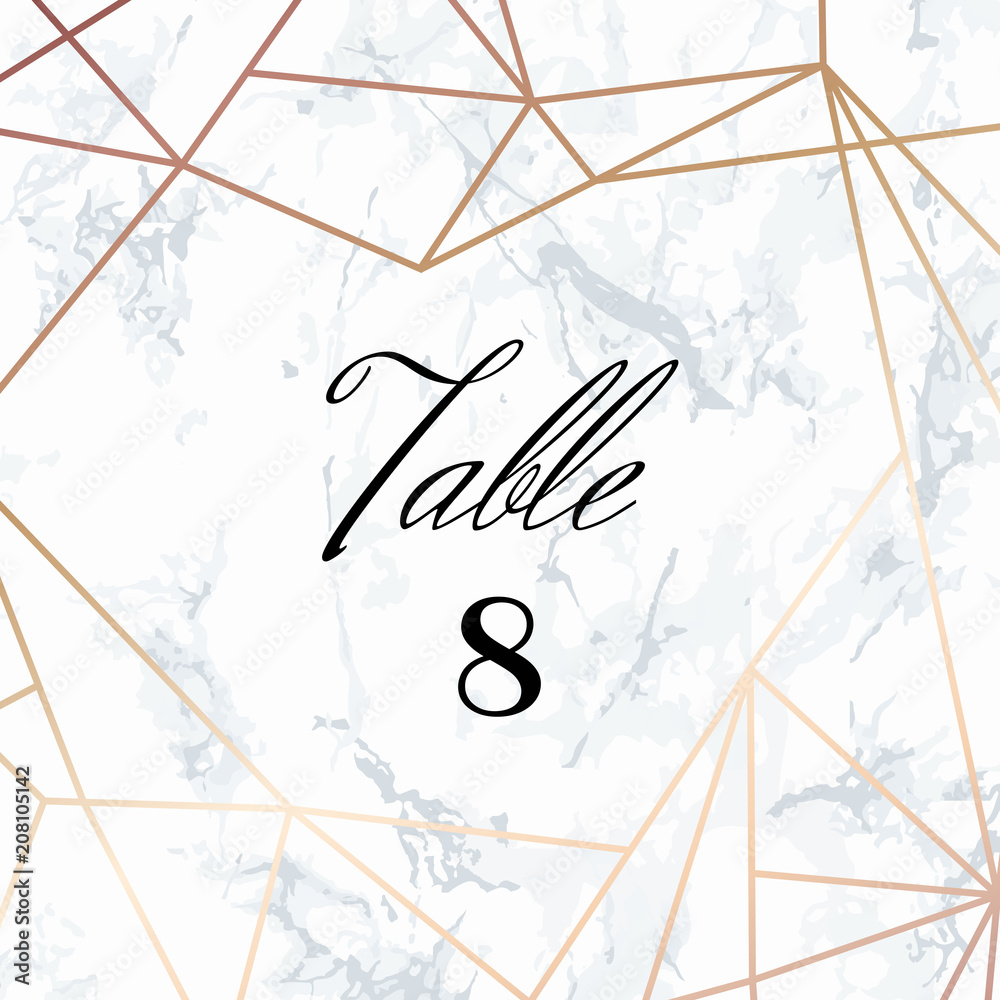 Wedding template. Tented Table Numbers card. White marble background ...