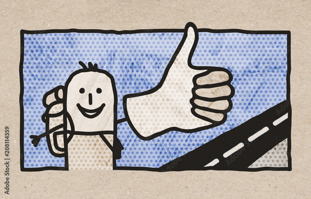 Cartoon Hitchhiker with Big Thumb Up Stock Illustration | Adobe Stock
