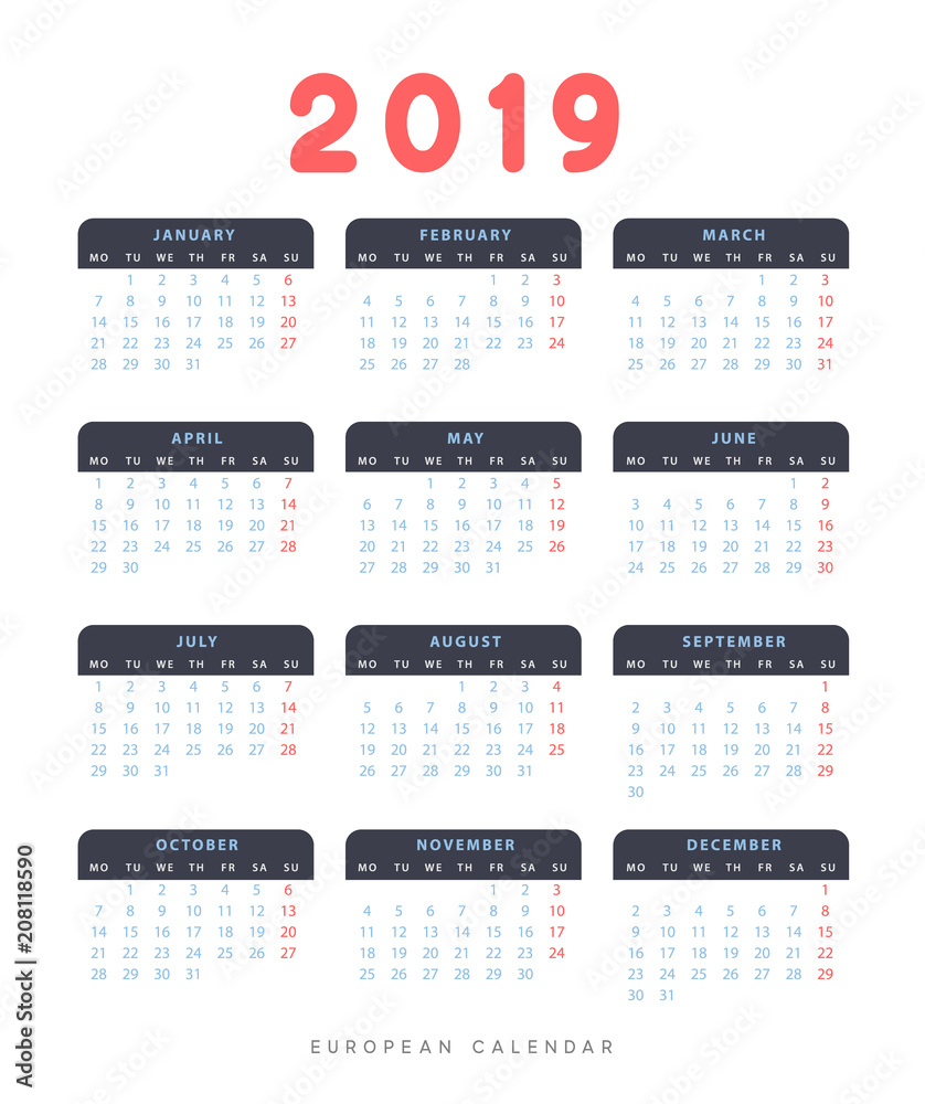 Simple European calendar for 2019 years, week starts on Monday. Stock ...