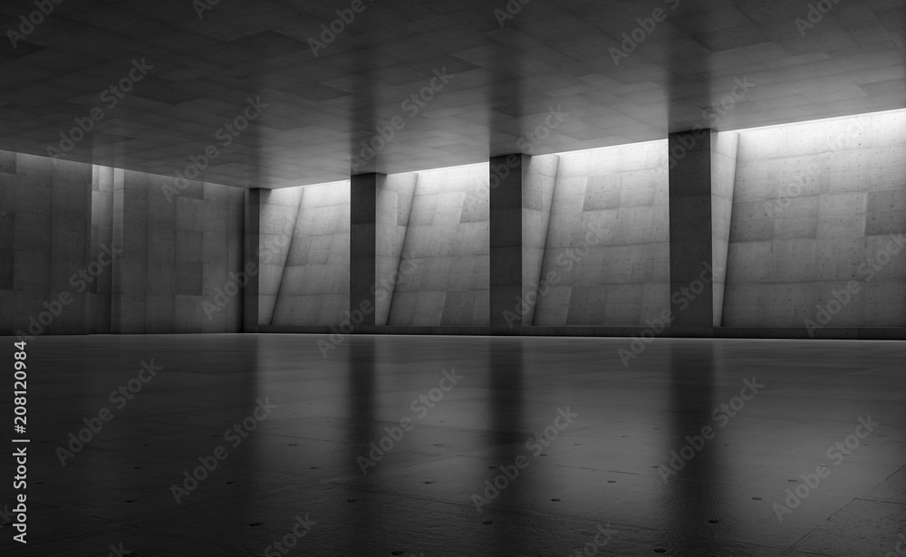 Abstract concrete showroom with columns. Modern geometric design. Gray ...