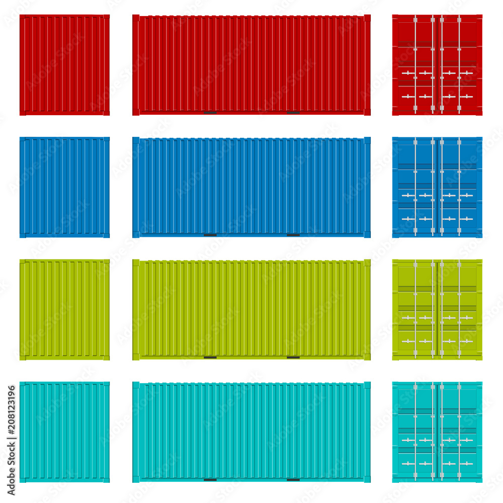 Creative vector illustration of sea freigh cargo containers views from different sides ...
