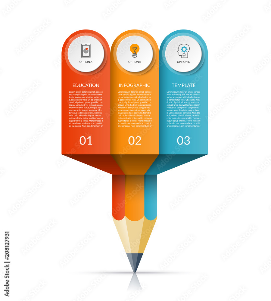 Business education infographic template in the form of a pencil with 3 ...