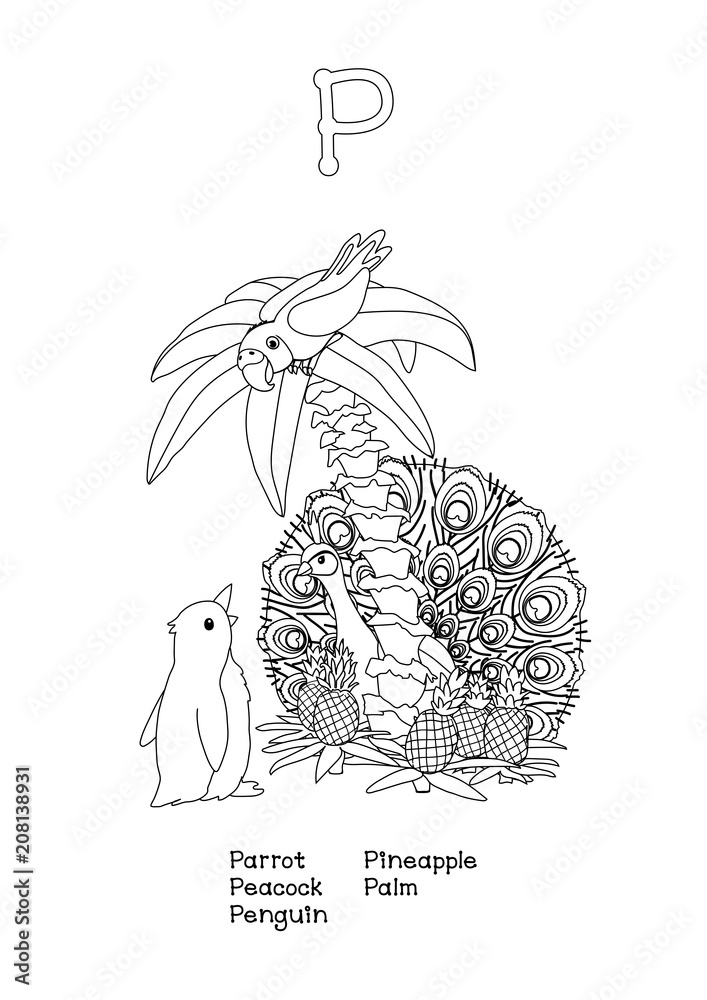 vector outline animals English alphabet for letter P Stock Vector ...
