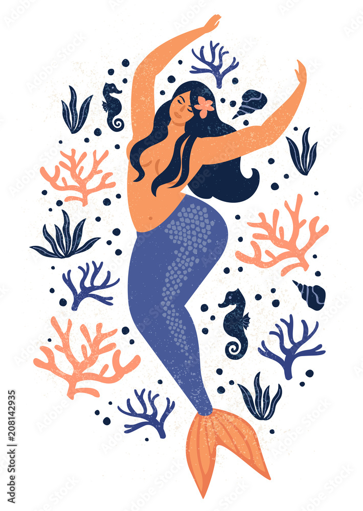 Fototapeta dla dziewczynki Under the sea card with mermaid, leaves ...