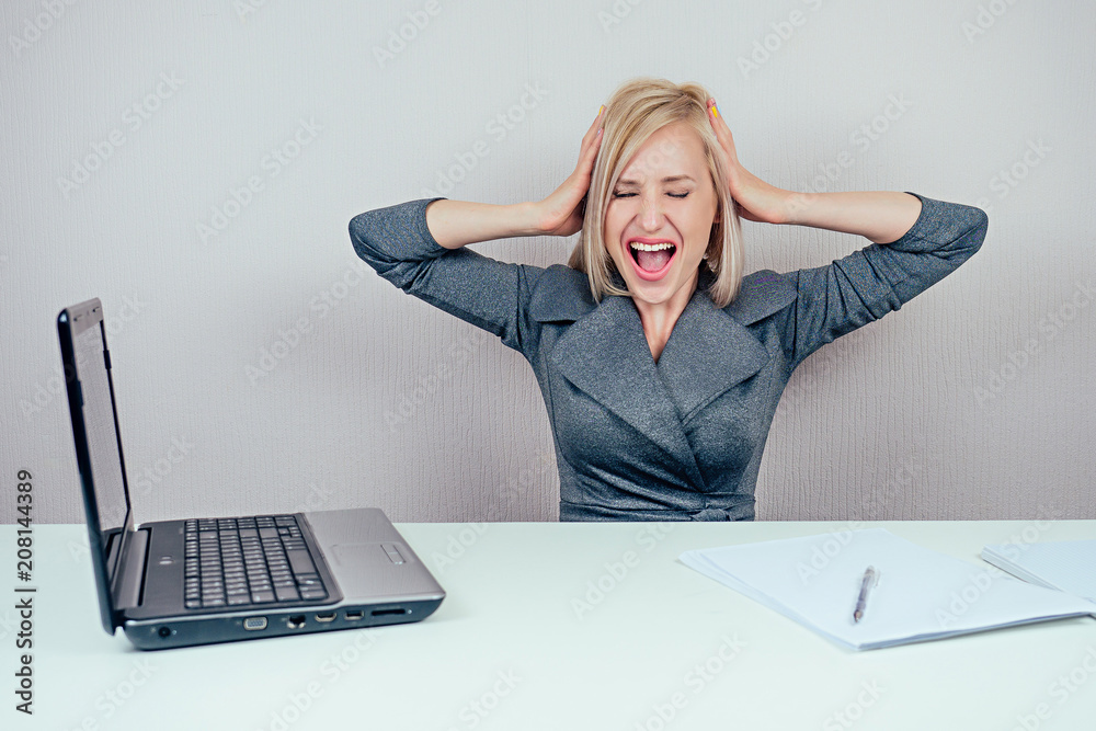 attractive smart blonde multitasking woman (business lady) in stylish ...