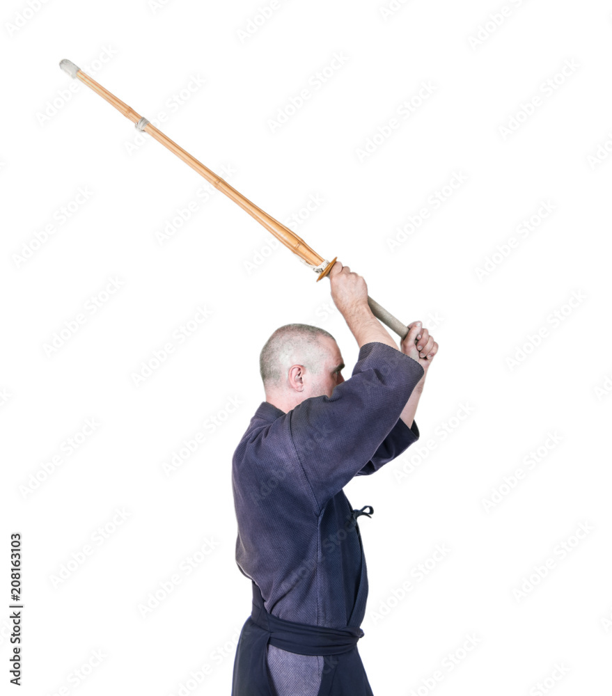 swordsman in attacking position with bamboo sword 'sinai' for Japanese ...