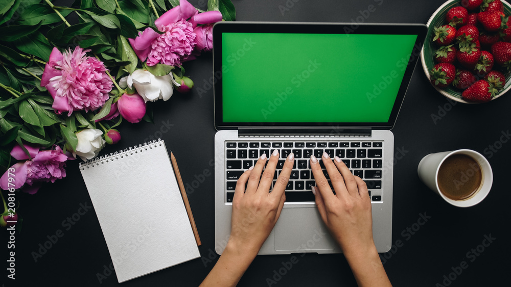 Female workspace. Woman tapping on the laptop computer keyboard with ...