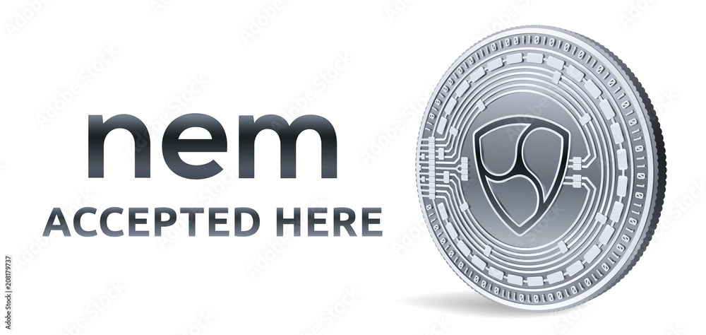 NEM. Accepted sign emblem. Crypto currency. Silver coin with NEM symbol ...