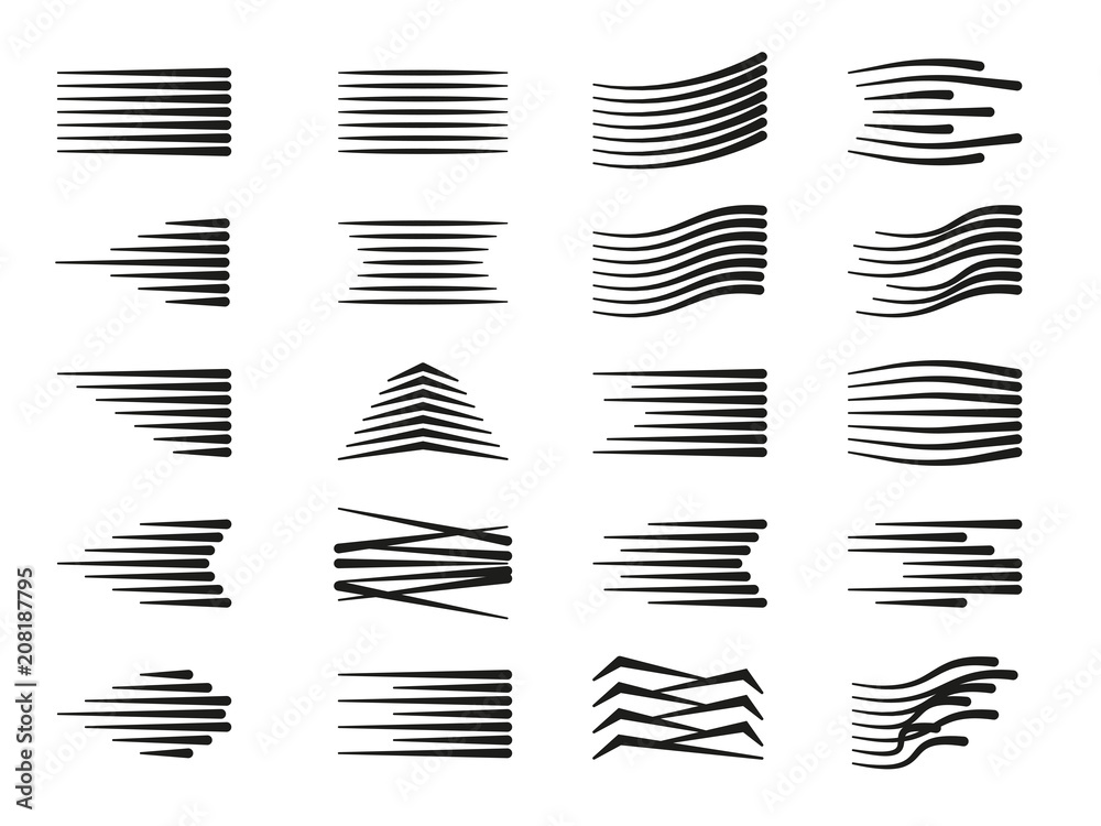 Collection of speed lines with various directions and shapes arranged ...