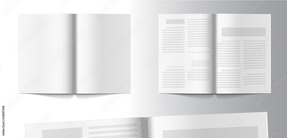 Universal mockup of blank open magazine. Vector illustration isolated on white background, ready ...