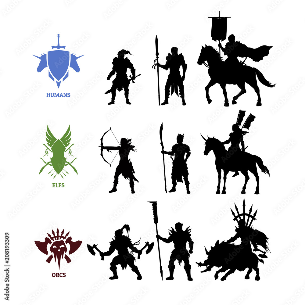 Black silhouettes games characters. Elfs, orcs and humans warrior ...