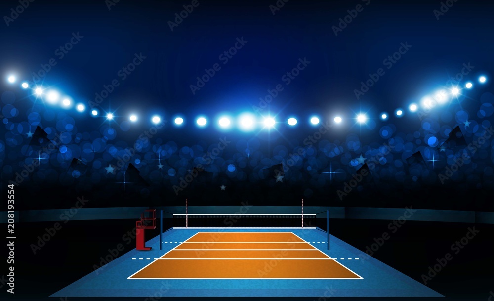 Volleyball court arena field with bright stadium lights design. Vector ...