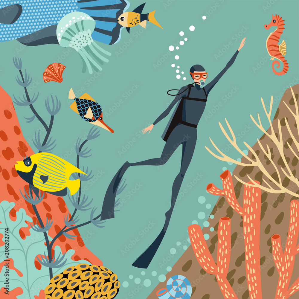 Scuba diver explores coral reef. Sea life. Vector illustration in ...