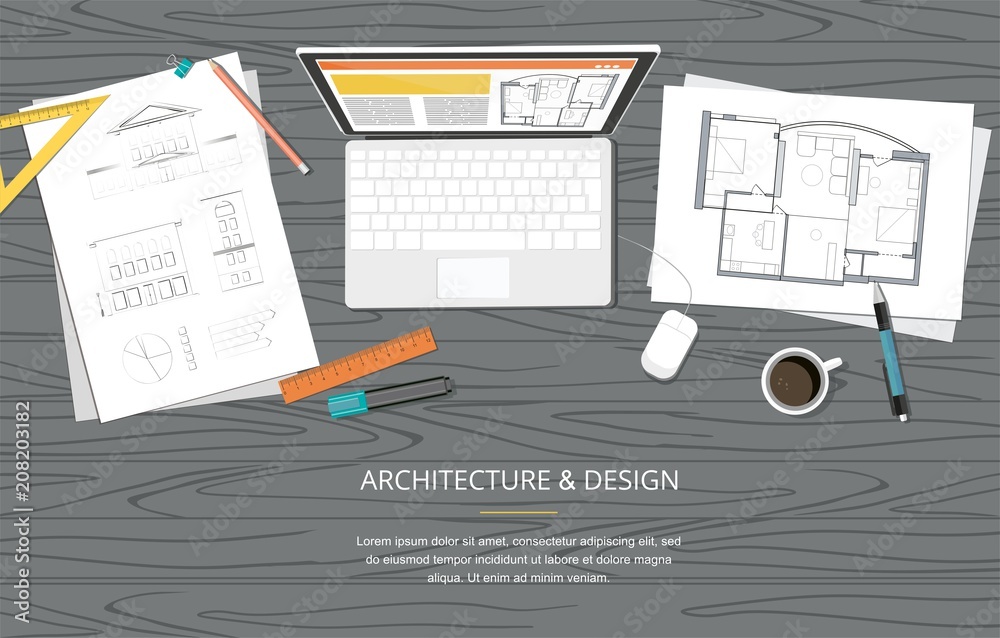 Workplace - Construction project architect house plan with tools ...