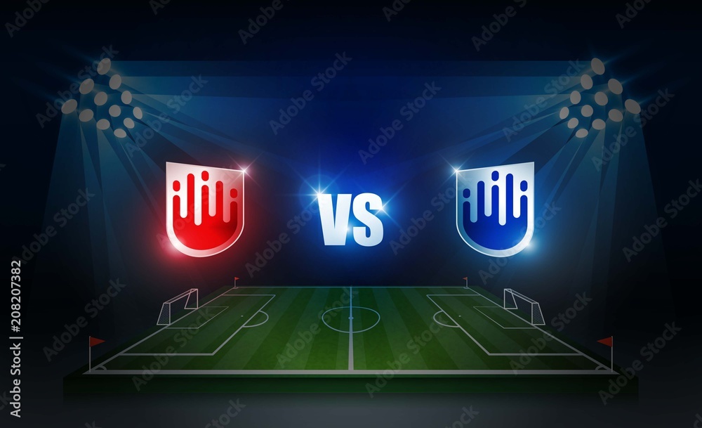 Football arena field with bright stadium lights. soccer score board ...