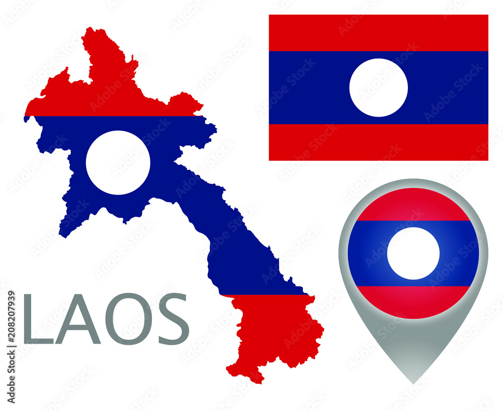 Vetor de Colorful flag, map pointer and map of Laos in the colors of ...